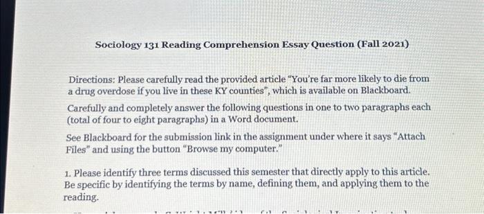 Sociology 131 Reading Comprehension Essay Question | Chegg.com