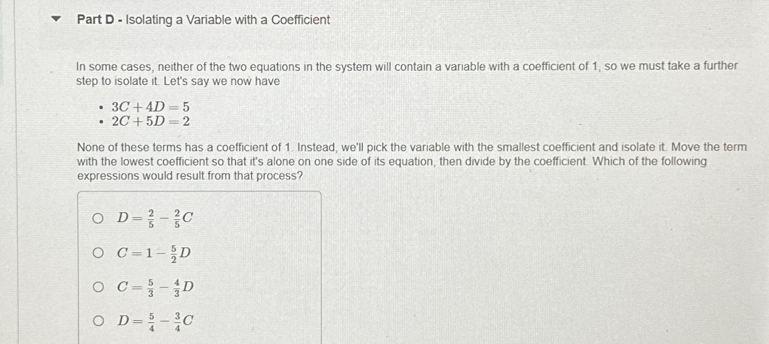 Solved Part D - ﻿Isolating a Variable with a CoefficientIn | Chegg.com