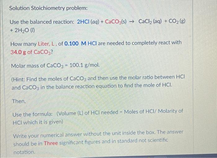 Solved Solution Stoichiometry problem: Use the balanced | Chegg.com