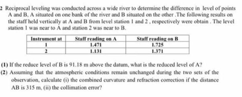 Solved 2 Reciprocal leveling was conducted across a wide | Chegg.com