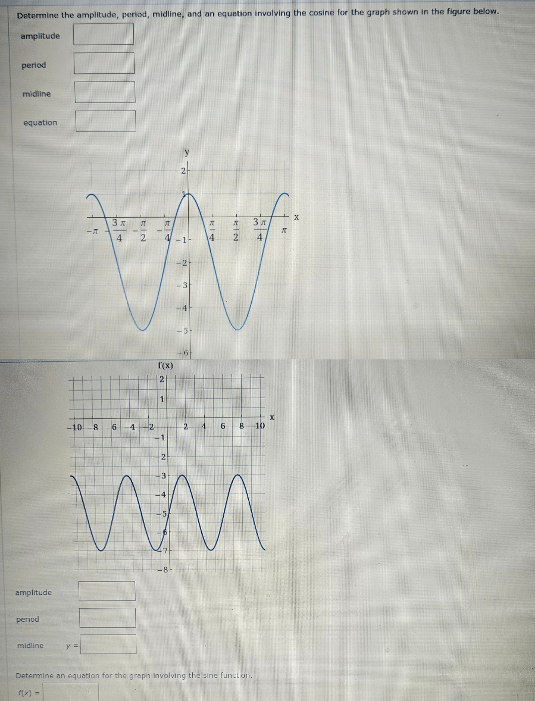 Solved Determine the amplitude, period, midline, and an | Chegg.com