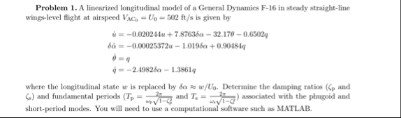 Problem 1. ﻿A linearized longitudinal model of a | Chegg.com