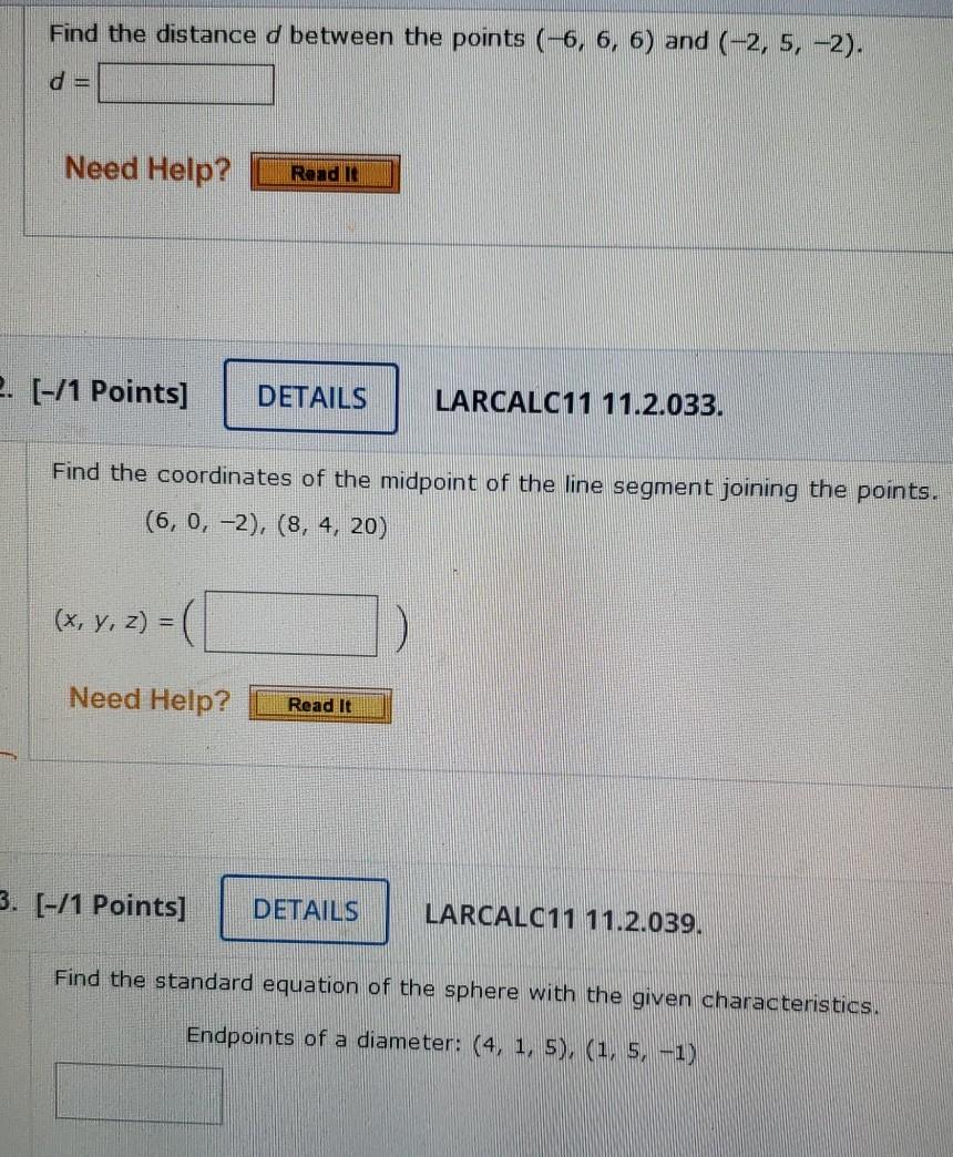Solved Find the distance d between the points (-6, 6, 6) and | Chegg.com
