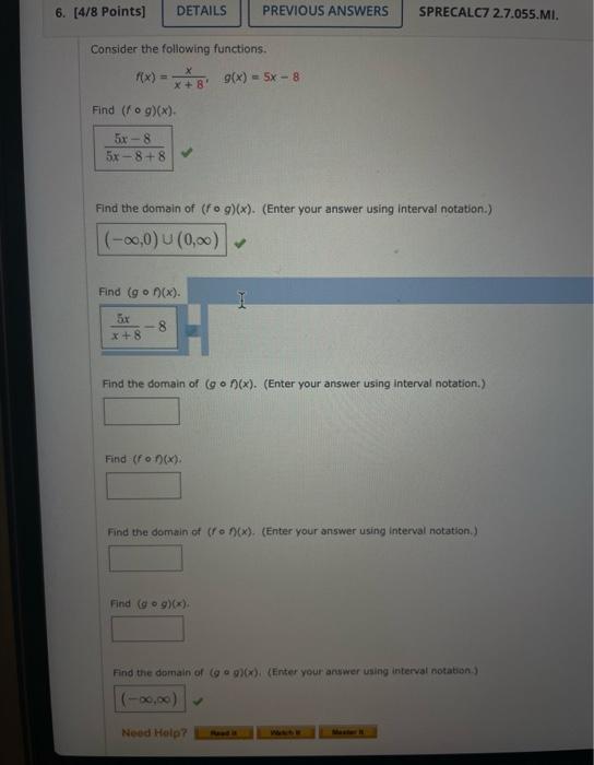 Solved Consider The Following Functions F X X 8x G X 5x−8