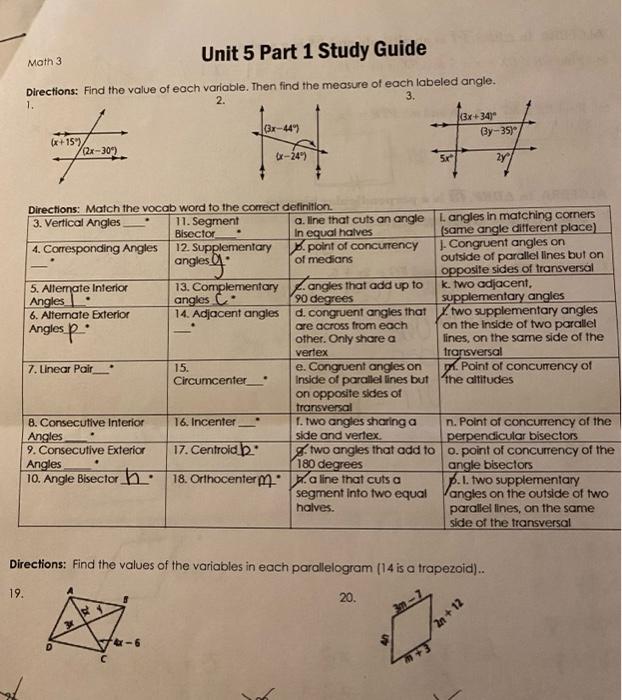 Solved Math 3 Unit 5 Part 1 Study Guide Directions: Find the | Chegg.com