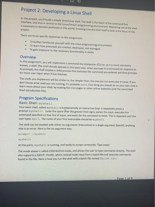 Project 2: Developing a Linux Shell In this project, | Chegg.com