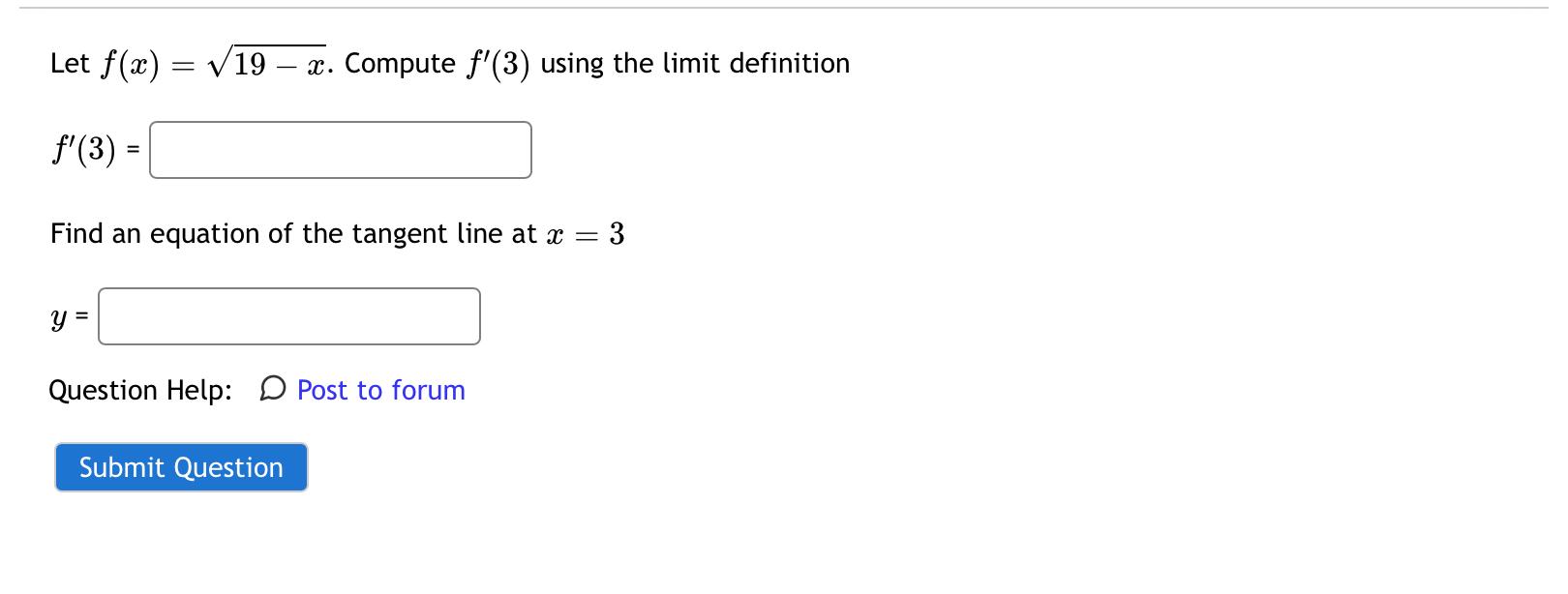 Solved Let f(x)=19-x2. ﻿Compute f'(3) ﻿using the limit | Chegg.com