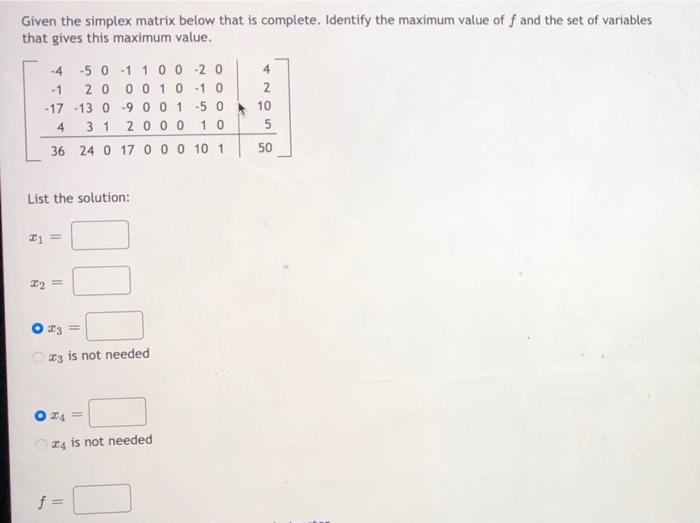 Solved Given the simplex matrix below that is complete. | Chegg.com