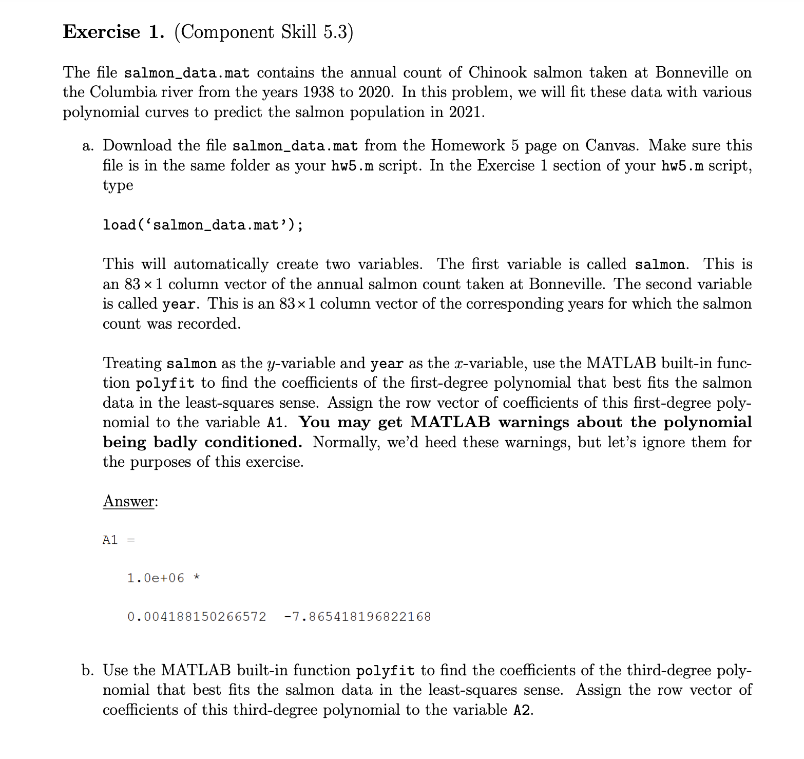 Solved Exercise 1. (Component Skill 5.3) ﻿USE MATLAB AND | Chegg.com