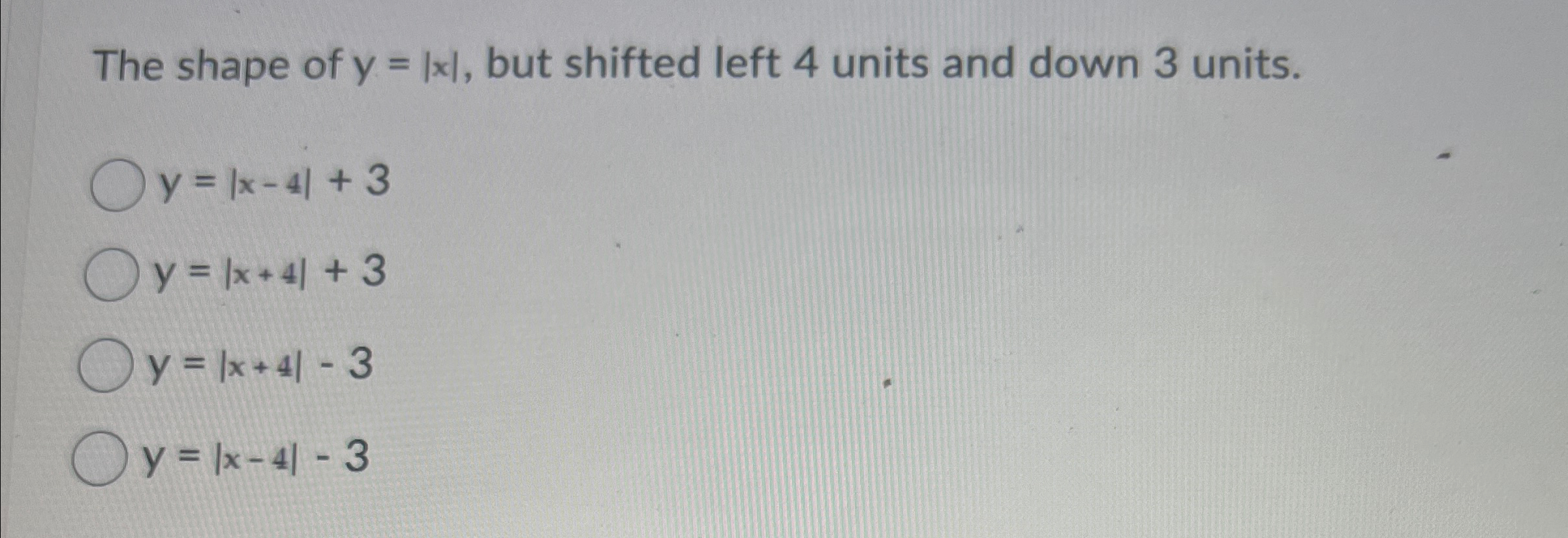Solved The shape of y=|x|, ﻿but shifted left 4 ﻿units and | Chegg.com
