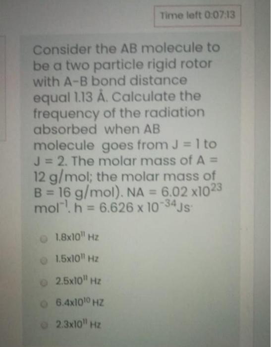 Solved Time left 0:07:13 Consider the AB molecule to be a | Chegg.com