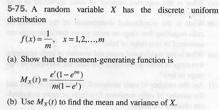 Solved 5-75. A random variable X has the discrete uniform | Chegg.com