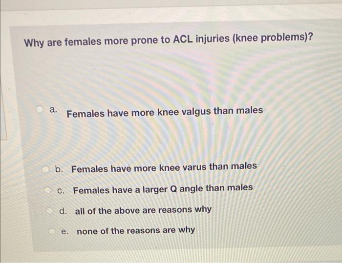 Solved Why are females more prone to ACL injuries (knee | Chegg.com