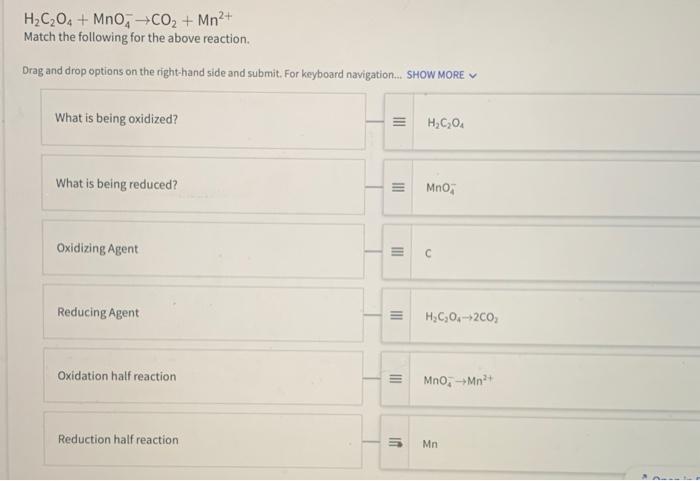 Solved H2C2O4+MnO4−→CO2+Mn2+ Match the following for the | Chegg.com