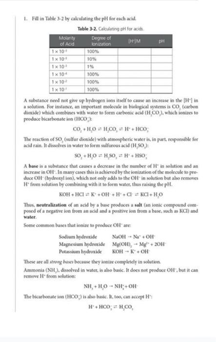 Solved 1. Fill in Table 3−2 by calculating the pH for each | Chegg.com