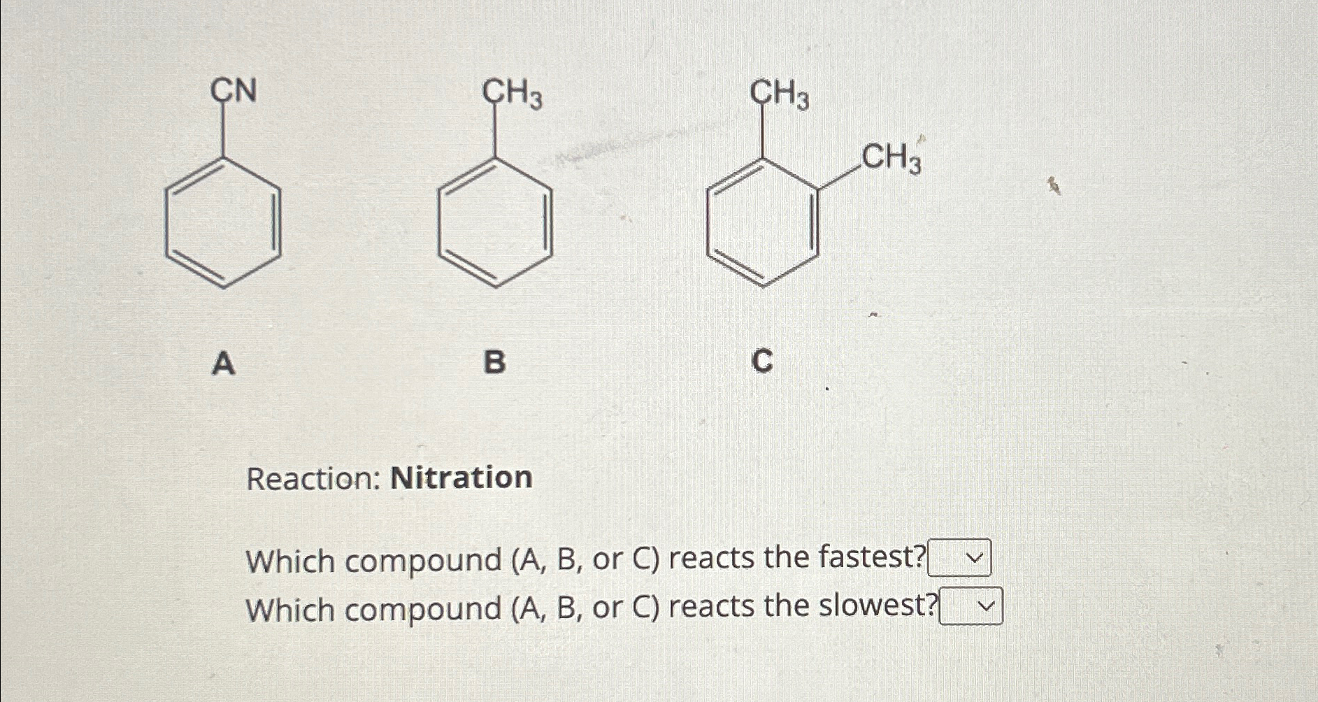 Solved ABCReaction: NitrationWhich compound ( A,B, ﻿or C ) | Chegg.com