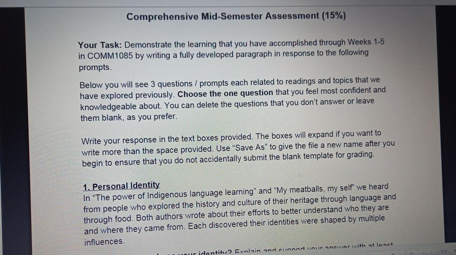 Solved Comprehensive Mid-Semester Assessment (15%) Your | Chegg.com