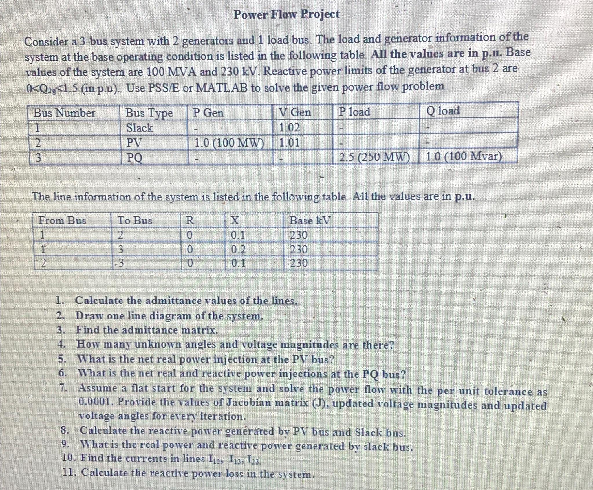 Solved Power Flow ProjectConsider a 3-bus system with 2 | Chegg.com