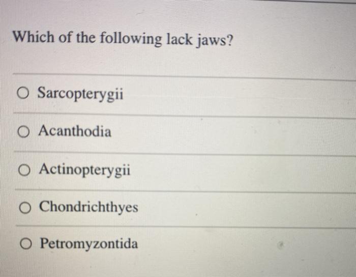 Solved Which of the following lack jaws? O Sarcopterygii O | Chegg.com