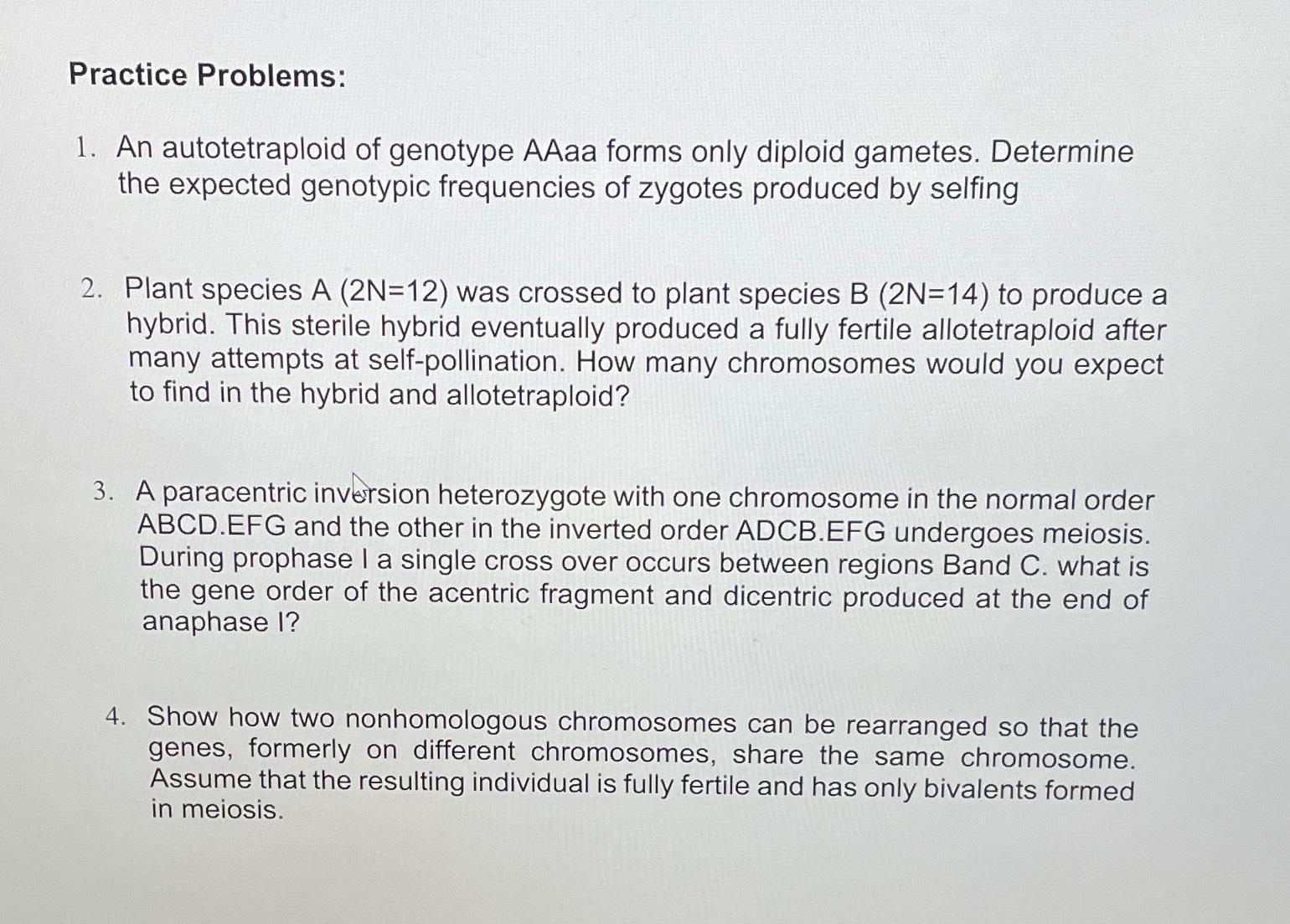 Solved Practice Problems:An autotetraploid of genotype AAaa | Chegg.com