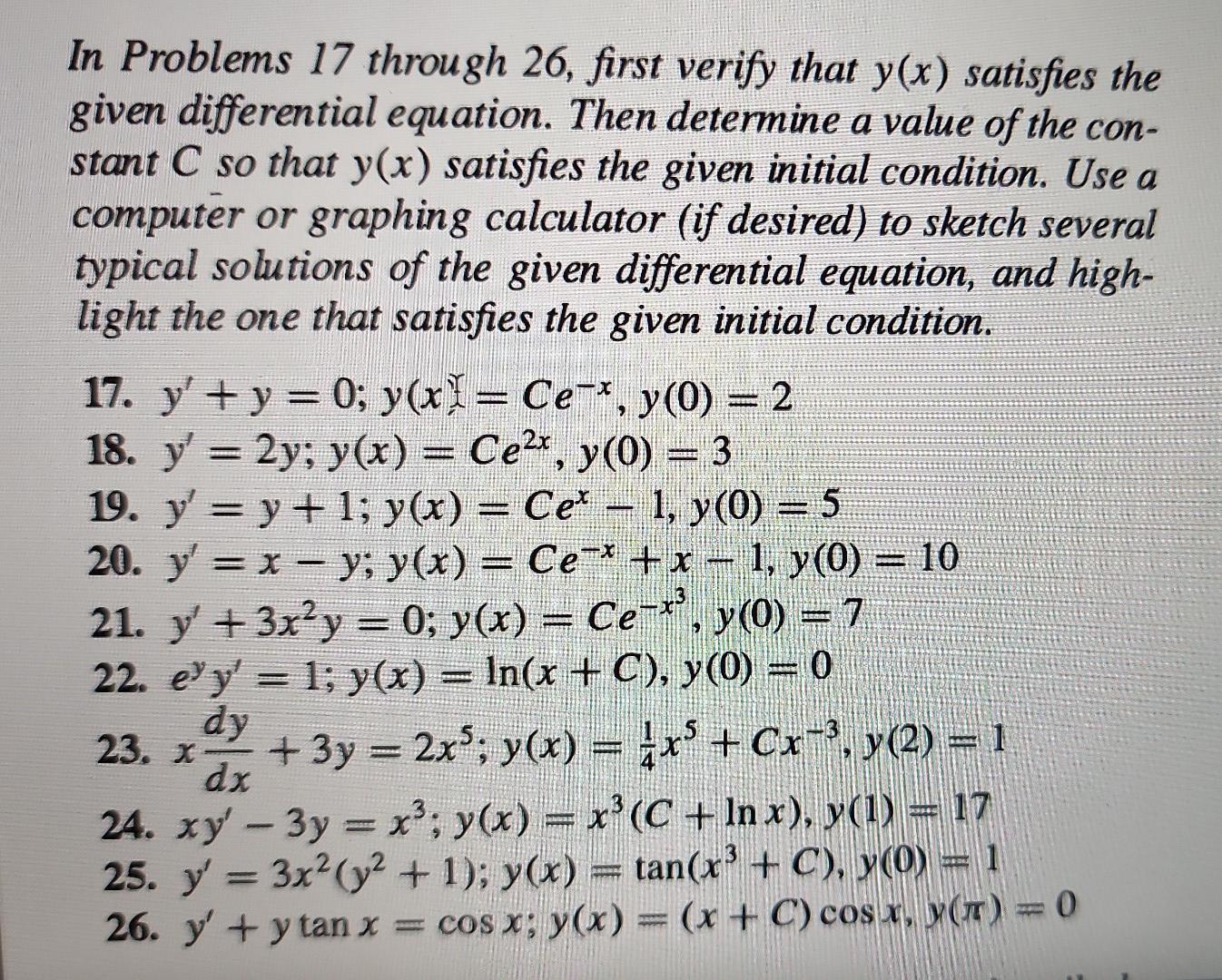 Solved In Problems 17 through 26, first verify that y(x) | Chegg.com