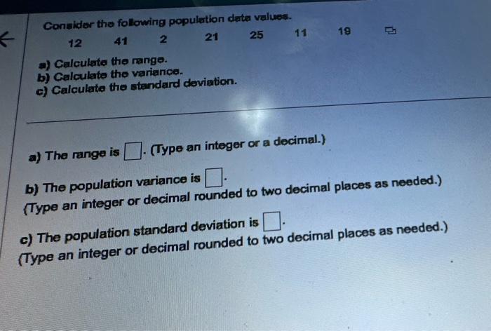 Solved ← Consider the following population data values. 12 | Chegg.com