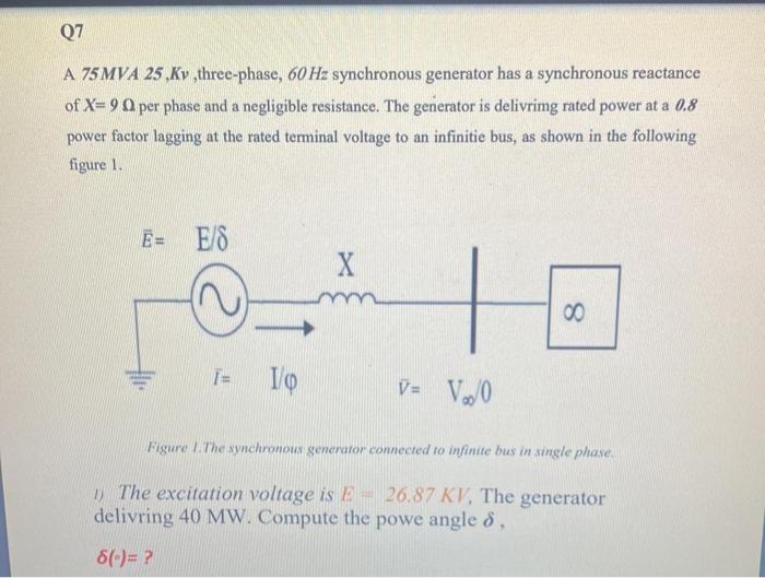 Solved A 75MVA25,Kv, three-phase, 60 Hz synchronous | Chegg.com