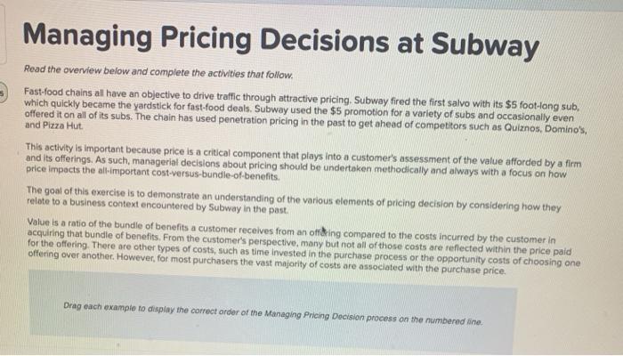 Solved Managing Pricing Decisions at Subway Read the | Chegg.com