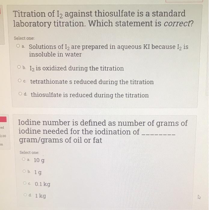 Solved Titration of 12 against thiosulfate is a standard | Chegg.com