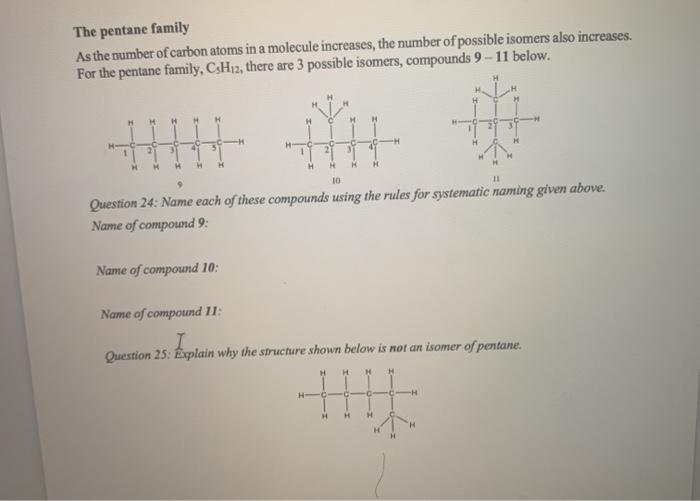 Solved The pentane family As the number of carbon atoms in a | Chegg.com