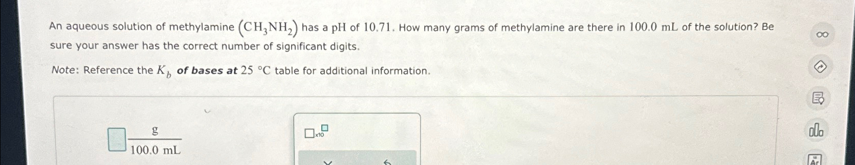 Solved An aqueous solution of methylamine (CH3NH2) ﻿has a pH | Chegg.com
