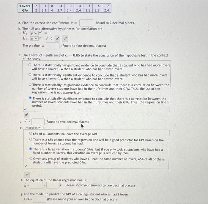 Solved a. Find the correlation coefficient: r= Round to 2 | Chegg.com
