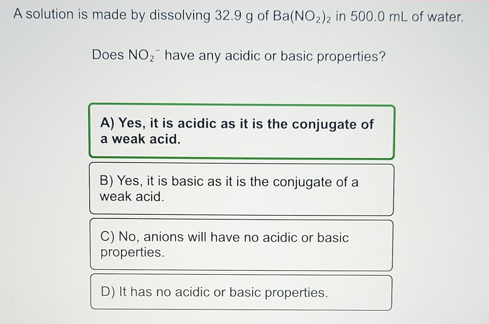 Solved A solution is made by dissolving 32.9 g of Ba(NO2)2 | Chegg.com