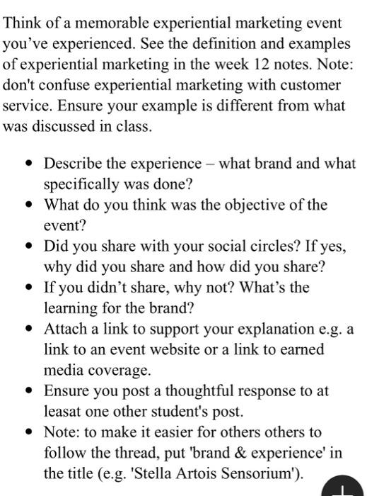Solved Think of a memorable experiential marketing event | Chegg.com