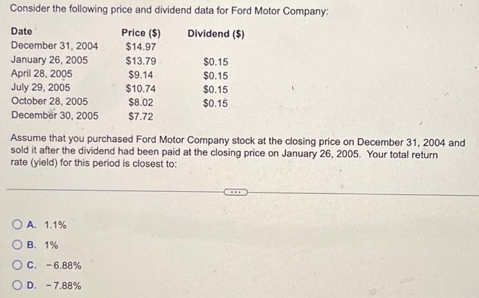 Solved Consider the following price and dividend data for | Chegg.com