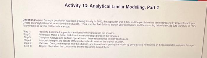 Solved Activity 13: Analytical Linear Modeling, Part 2 | Chegg.com