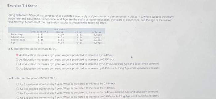 Solved S Exercise 7-1 Static Using data from 50 workers, a | Chegg.com