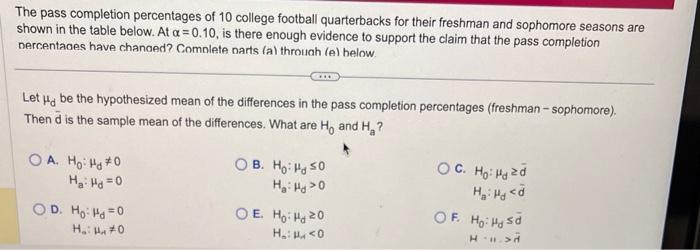 Solved The pass completion percentages of 10 college | Chegg.com