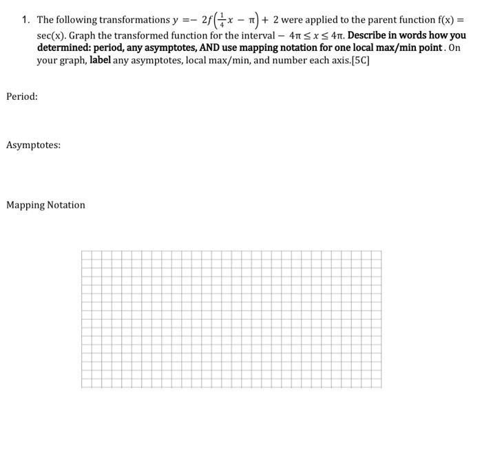Solved 1. The following transformations y=−2f(41x−π)+2 were | Chegg.com