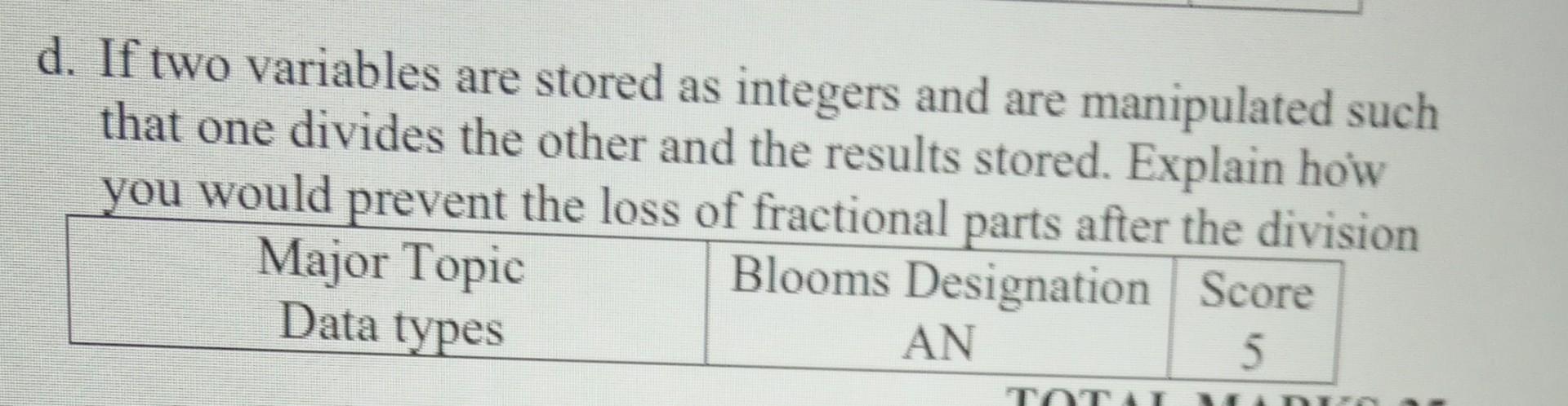 Solved d. If two variables are stored as integers and are | Chegg.com
