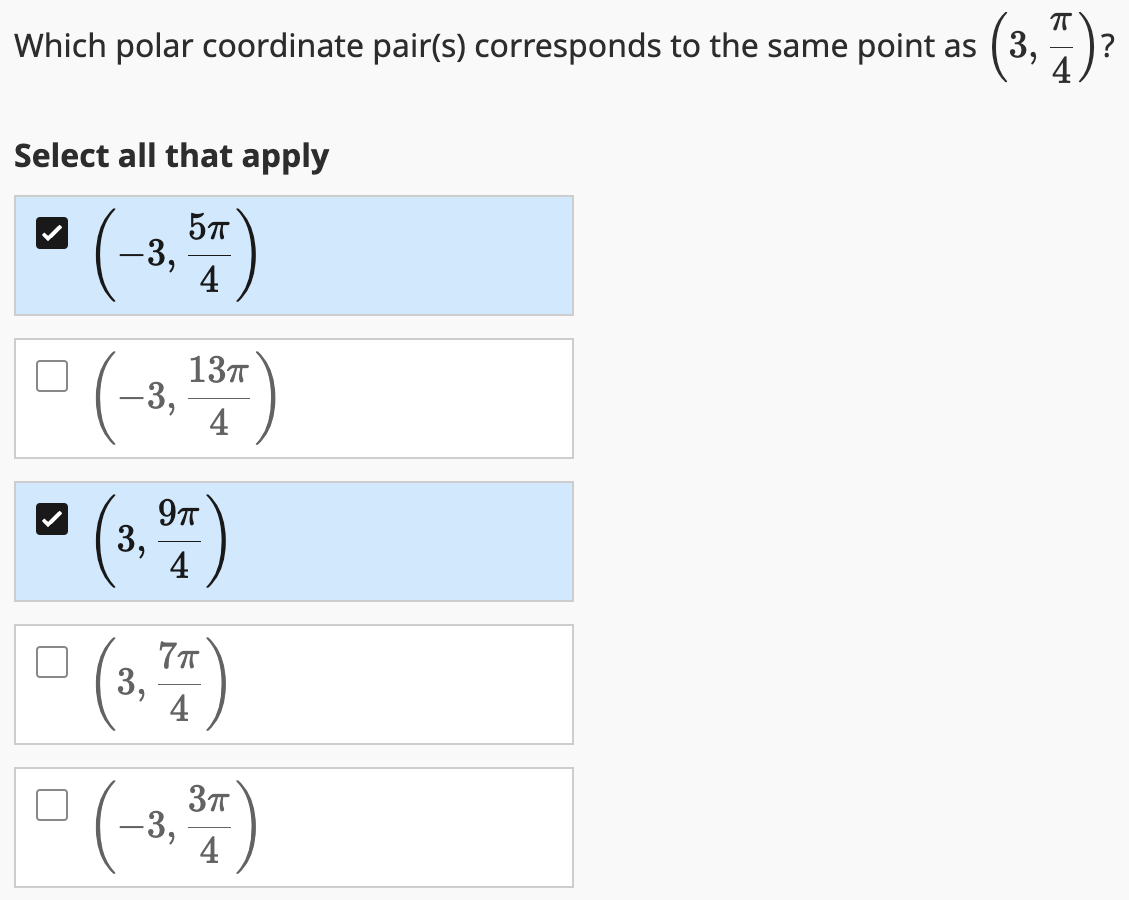 Solved Which polar coordinate pair(s) ﻿corresponds to ﻿the | Chegg.com
