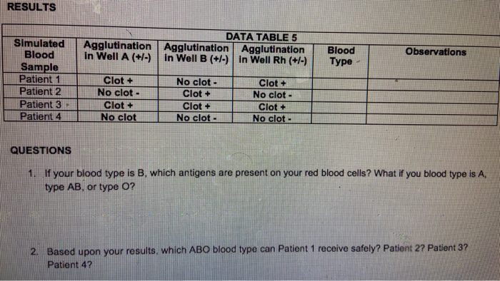 Solved RESULTS DATA TABLE 5 Agglutination Agglutination | Chegg.com