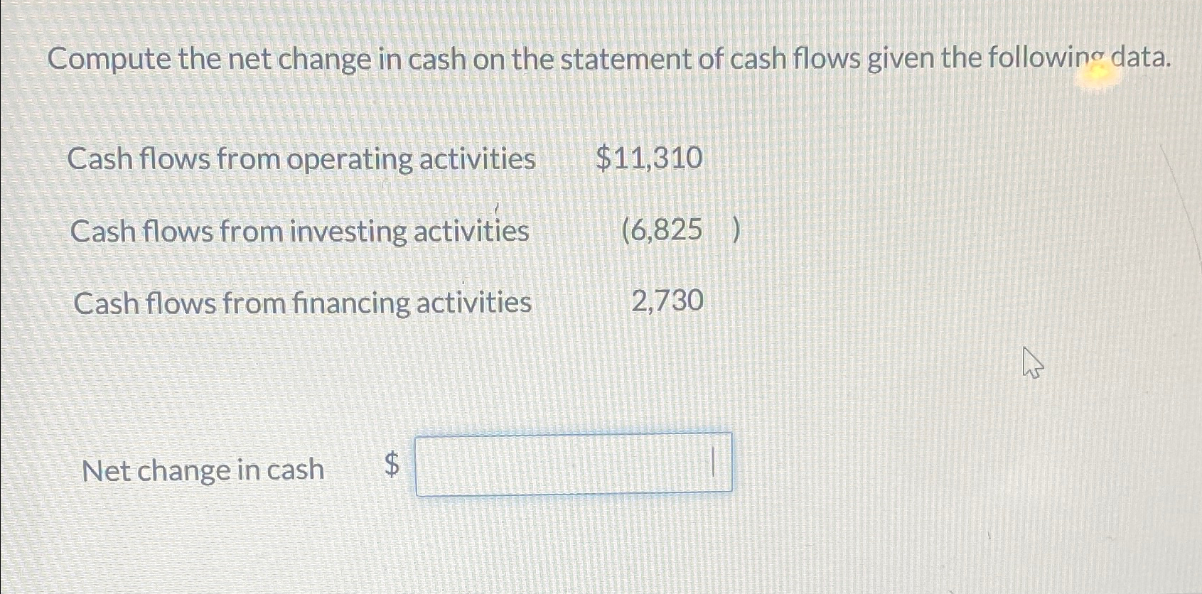 Solved Compute the net change in cash on the statement of | Chegg.com