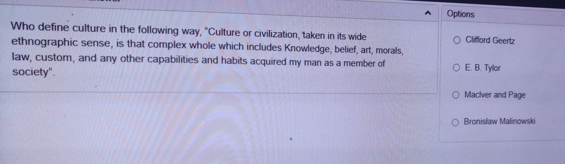 Solved OptionsWho define culture in the following way, | Chegg.com
