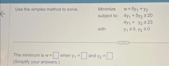 Solved Use the simplex method to solve. The minimum is w = | Chegg.com