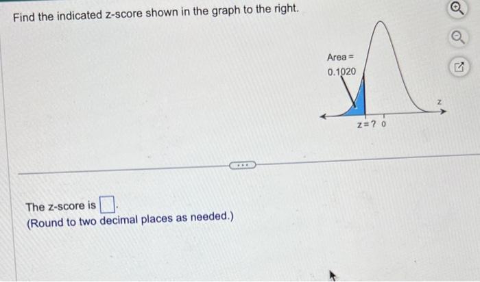 Solved Find the indicated z-score shown in the graph to the | Chegg.com