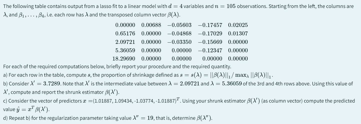 Solved The Following Table Contains Output From A Lasso Fit