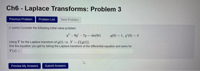 Solved Ch6 - Laplace Transforms: Problem 3 Previous Problem | Chegg.com