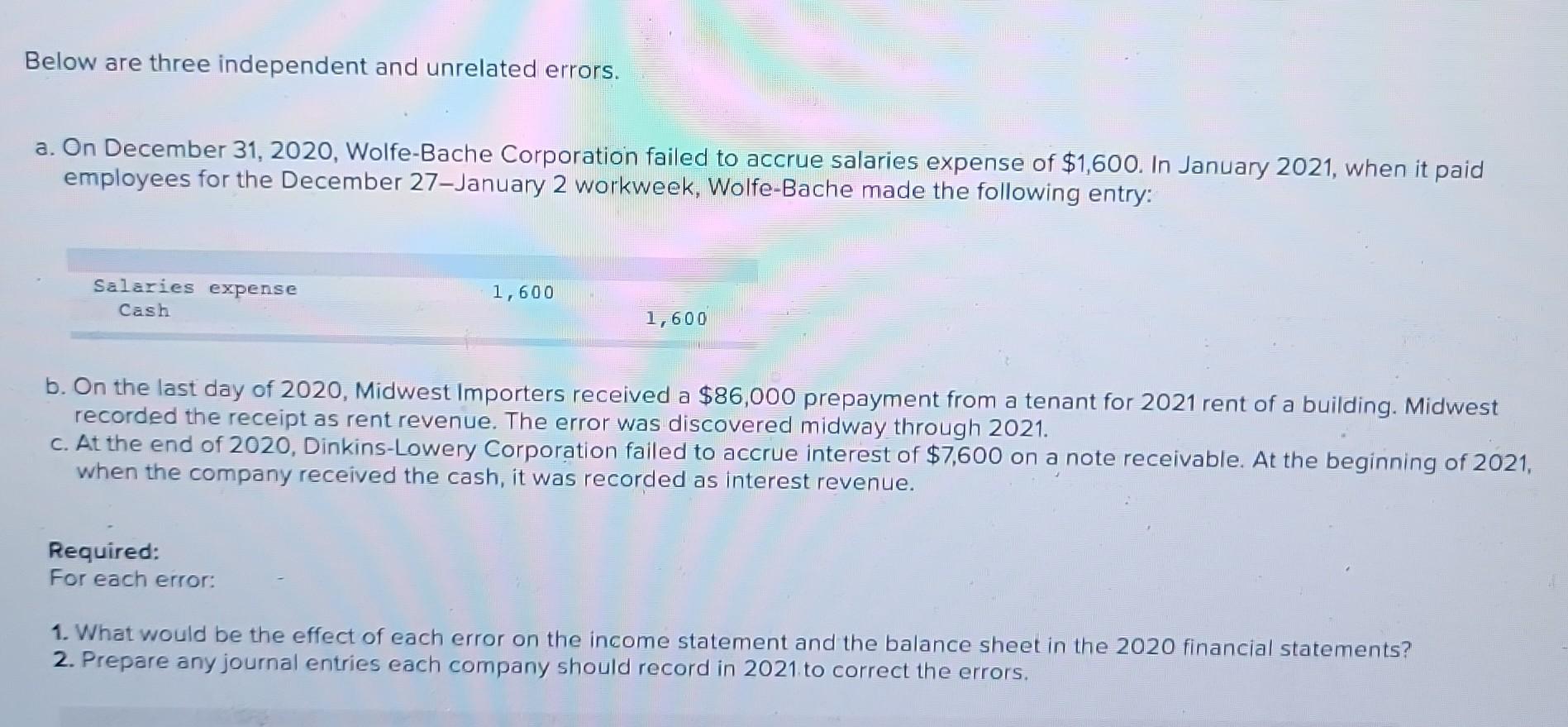 Solved Below are three independent and unrelated errors. a. | Chegg.com