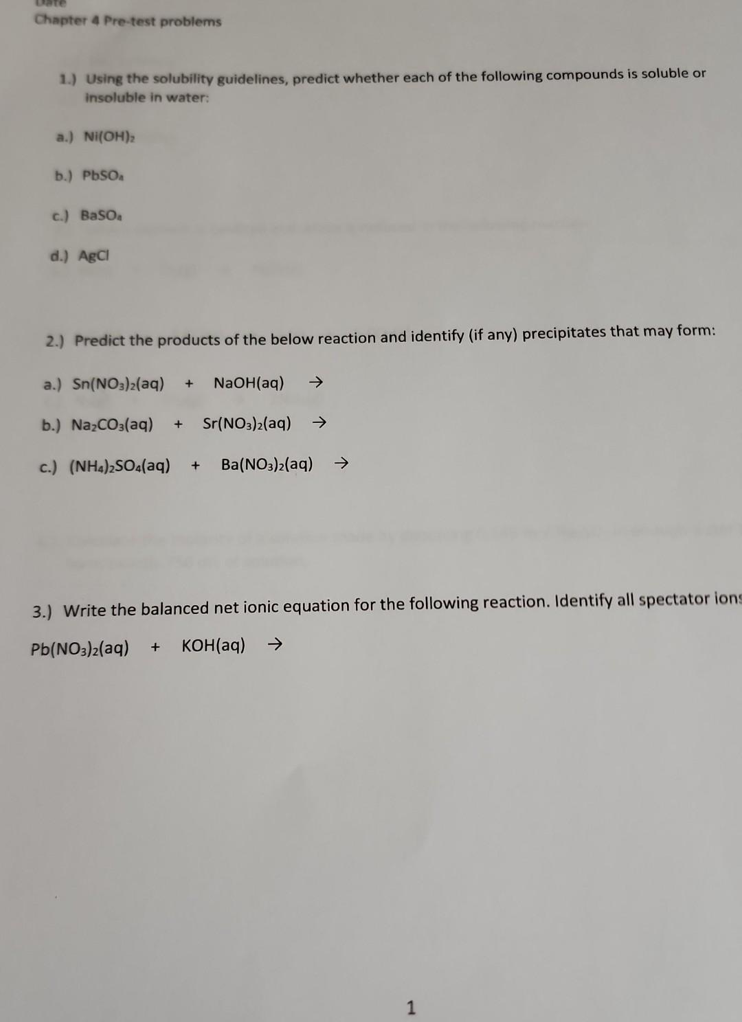 Solved 1.) Using the solubility guidelines, predict whether | Chegg.com
